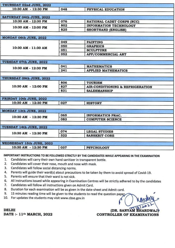 CBSE Class 12th Date Sheet, Term 2 Time Table