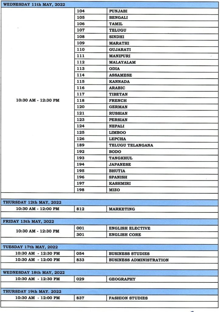 CBSE Class 12th Date Sheet, Term 2 Time Table